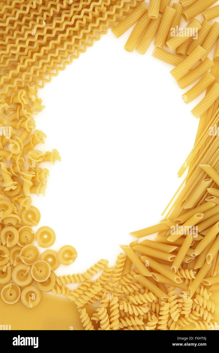 Dried pasta and spaghetti abstract border over white background Stock ...