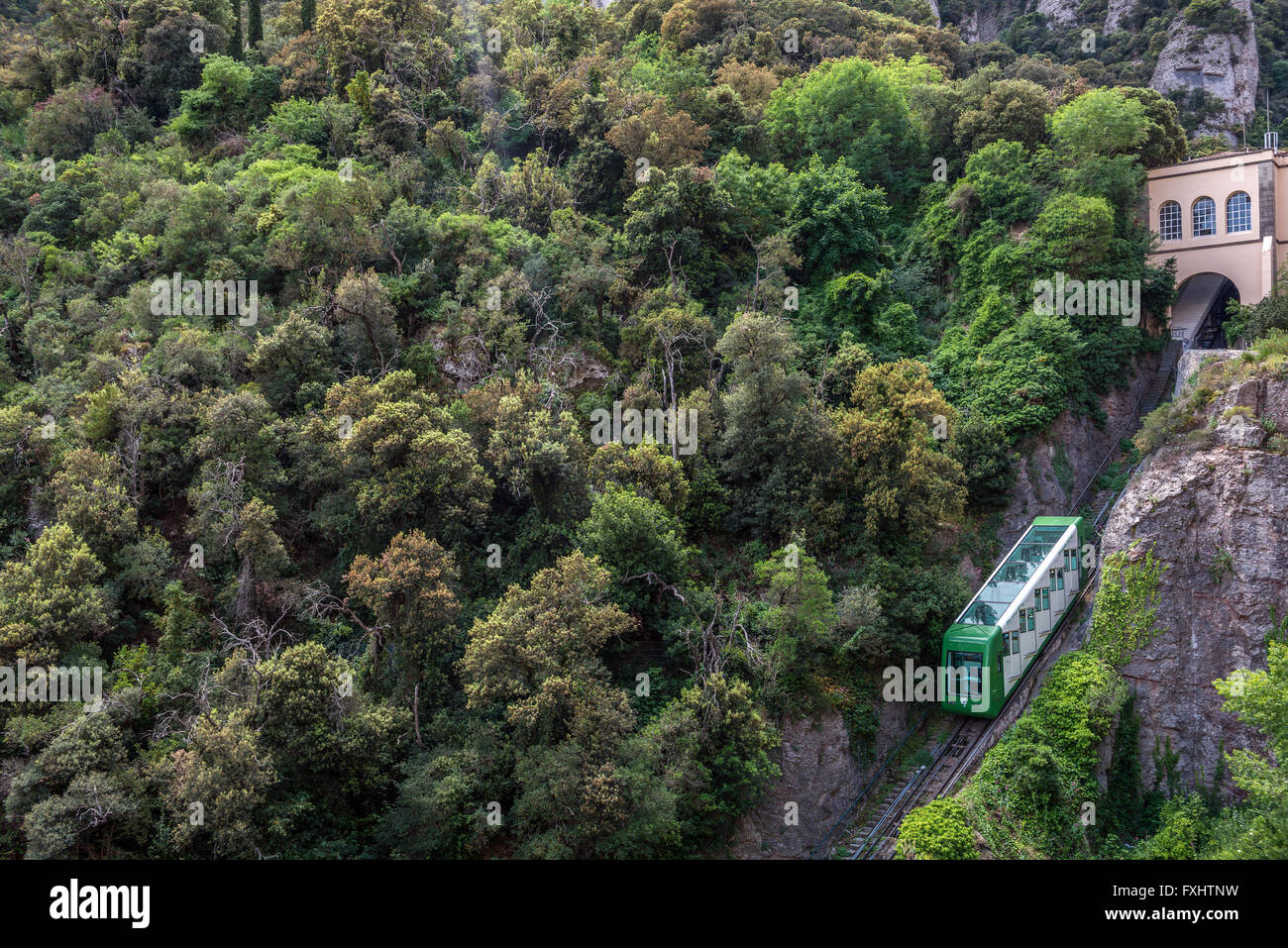 Sant Joan Funicular near Benedictine abbey Santa Maria de Montserrat on ...