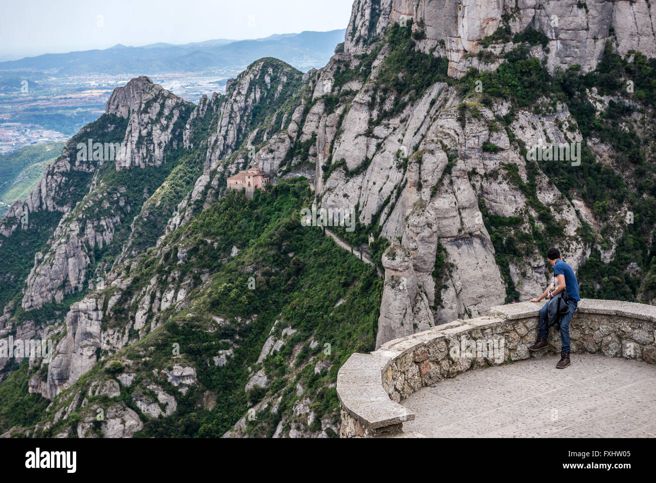 Aerial view with Holy Cave of Montserrat near Benedictine abbey Santa ...