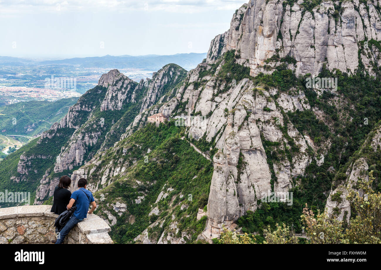 Aerial view with Holy Cave of Montserrat near Benedictine abbey Santa ...