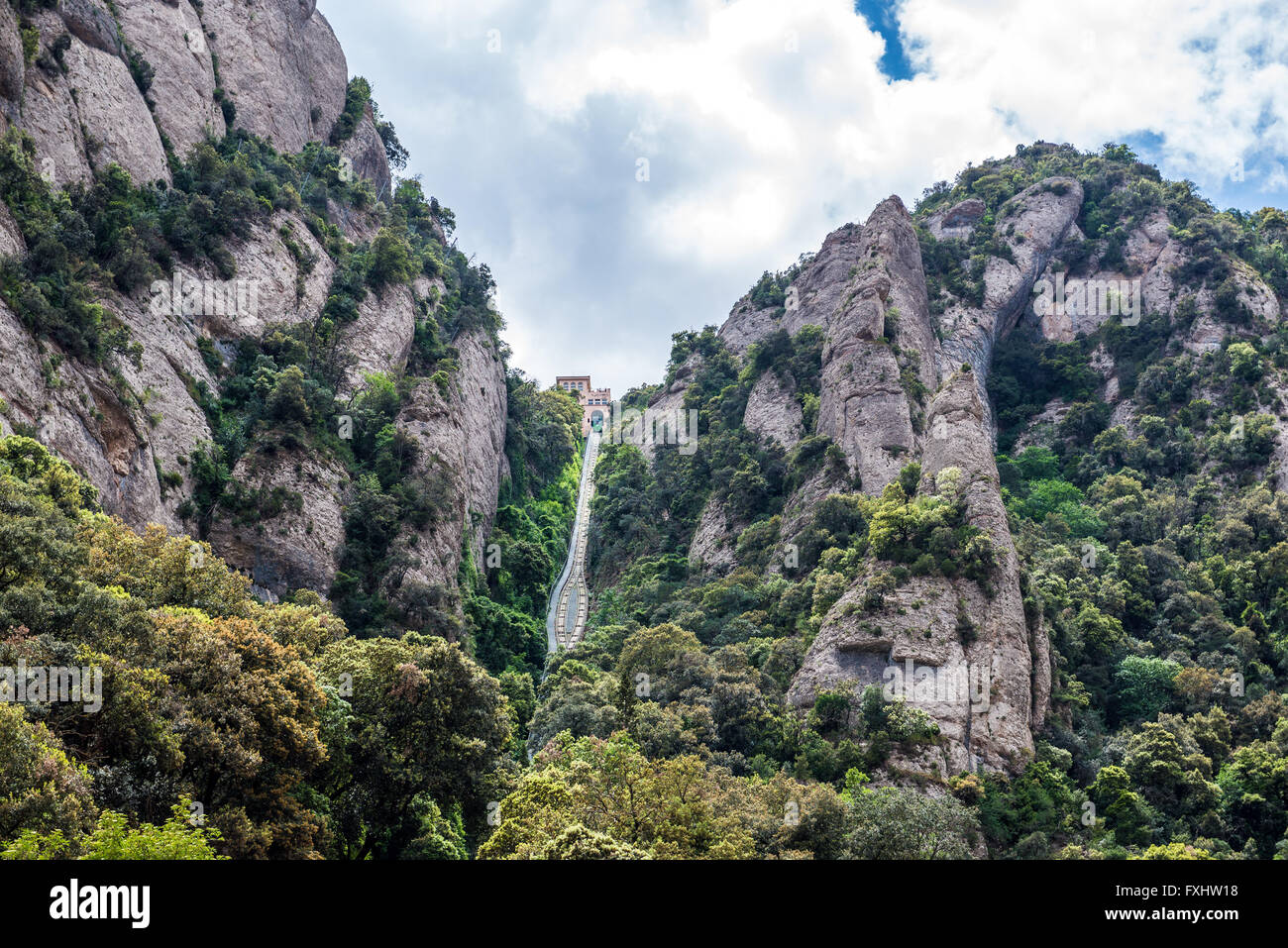 Sant Joan Funicular near Benedictine abbey Santa Maria de Montserrat on ...