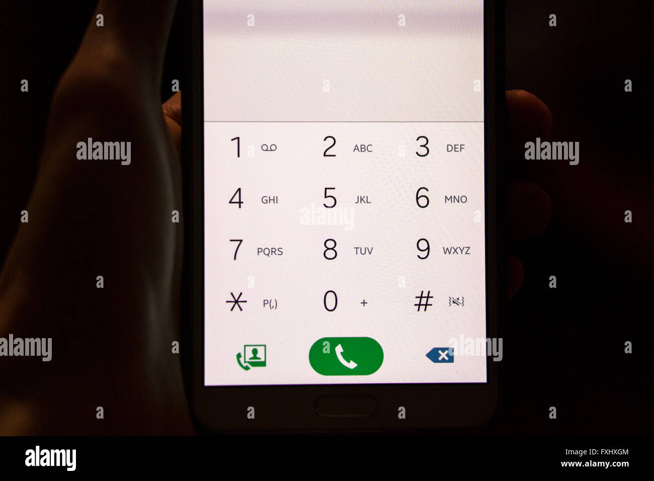 Hand holding smartphone, with calling buttons Stock Photo - Alamy