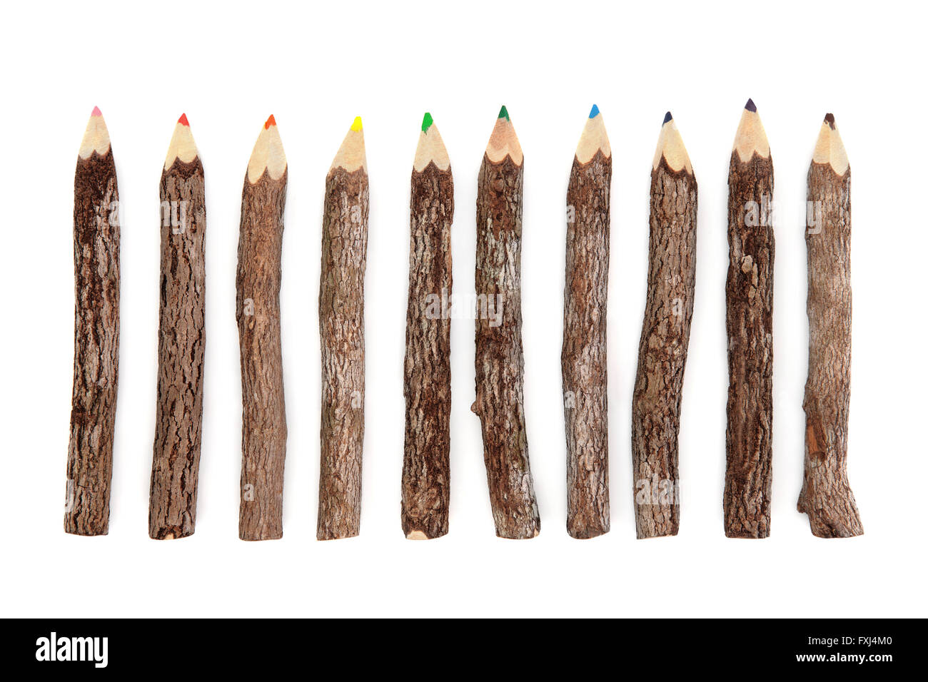 Rustic wood colored pencil set over white background Stock Photo - Alamy