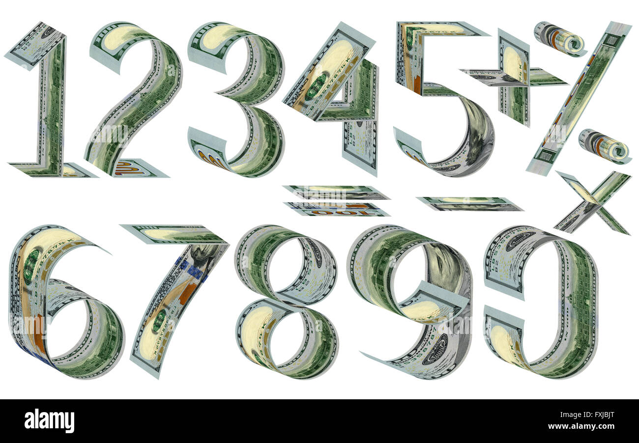 Numbers, percent and mathematical signs from dollars. Made of one ...