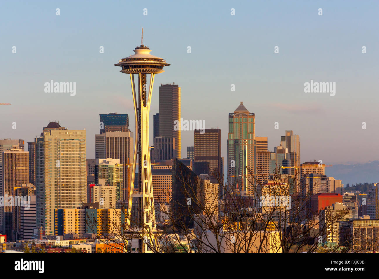 Space Needle at sunset in Seattle, Washington, WA at golden hour, warm ...