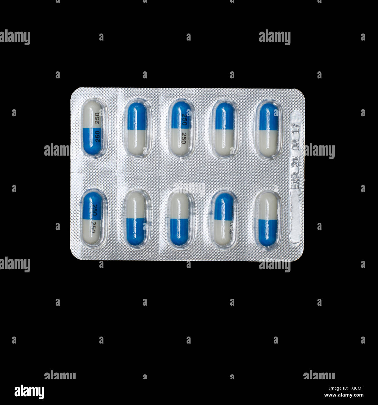 Dicloxacillin capsule in blister pack isolated on black background ...