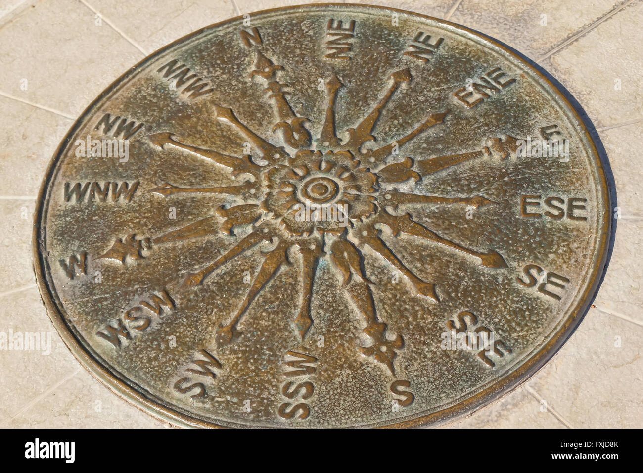 A large bronze compass based on the port pier. Detailed view Stock ...