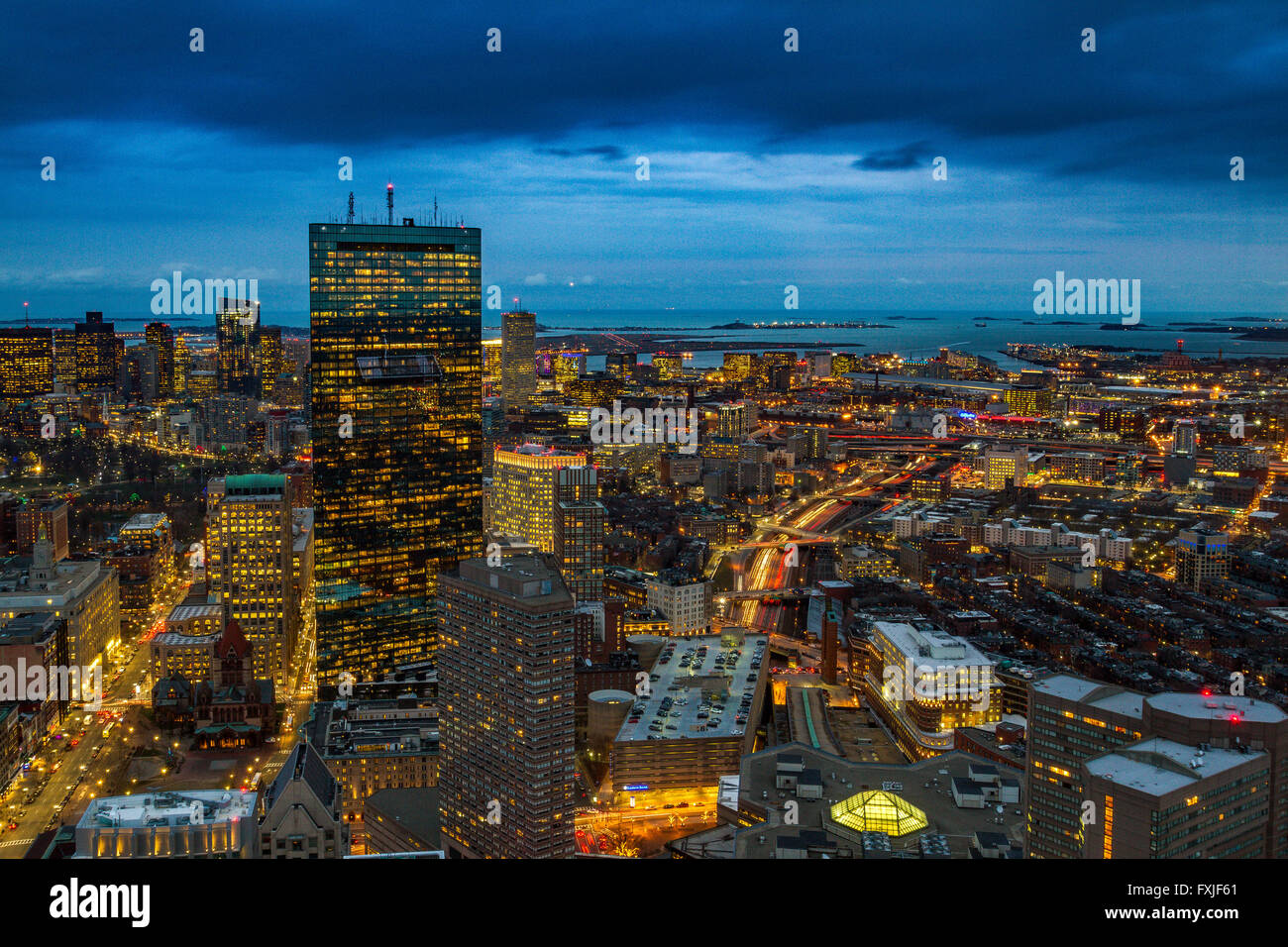 Aerial view of The City of Boston at night seen from The Prudential ...