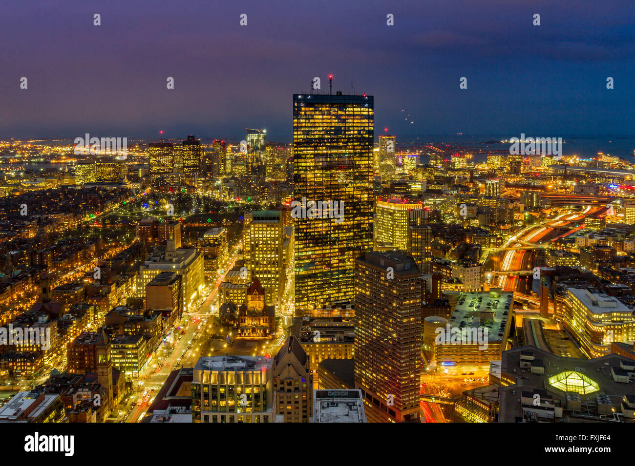 Aerial view of The City of Boston at night seen from The Prudential ...