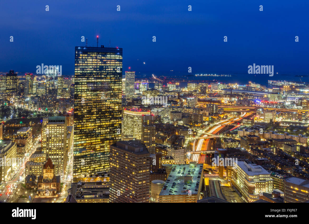 Aerial view of The City of Boston at night seen from The Prudential ...