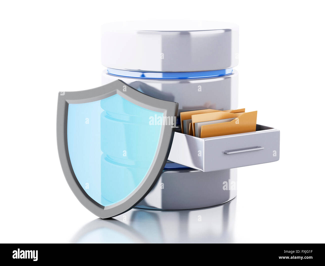 3d renderer image. Data storage with shield. Data security concept ...