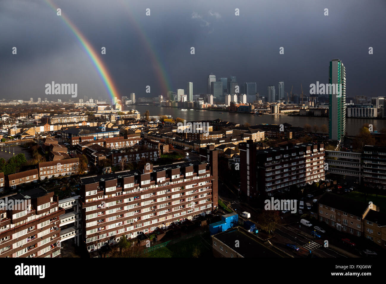 A colourful rainbow over south east London housing estate including ...