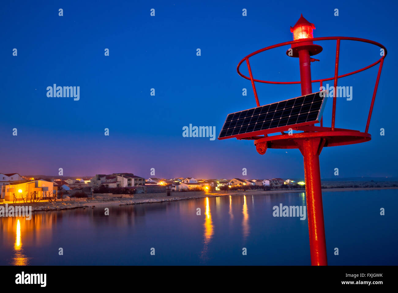Razanac coastal village and red sea beacon night view, Dalmatia ...