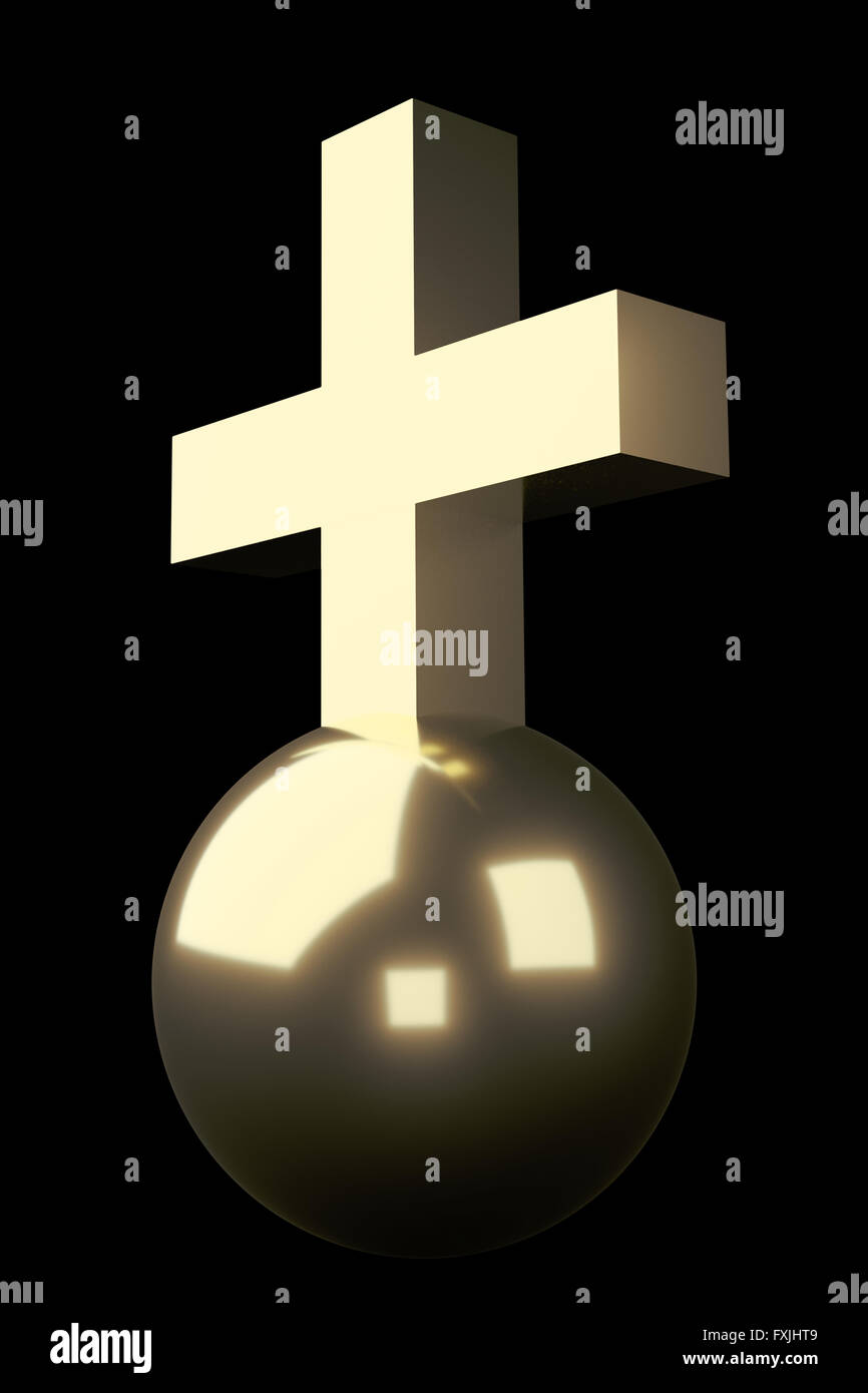 Realistic rendering of golden cross on ball, isolated on Black Stock ...
