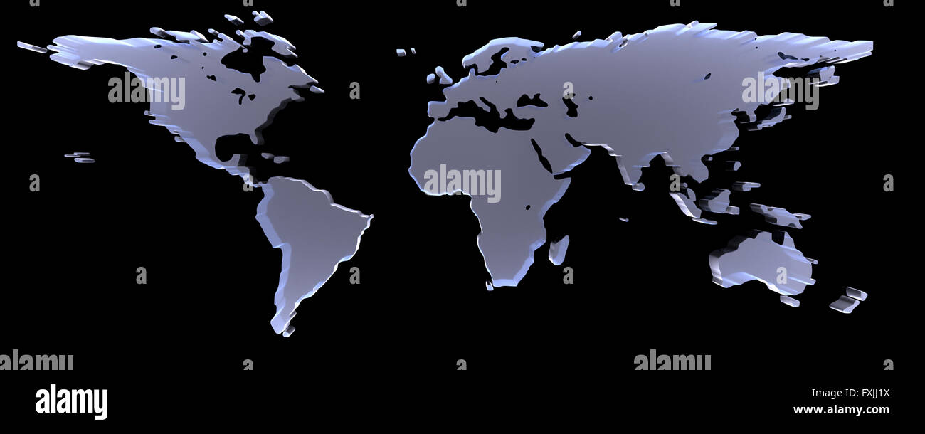 3D-Rendering of world map on black background. The material is rough ...