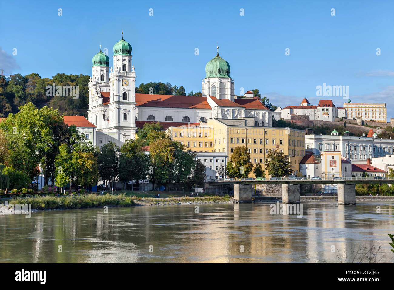 Marienbrucke bridge and cathedral in Passau, Bavaria, Germany Stock ...