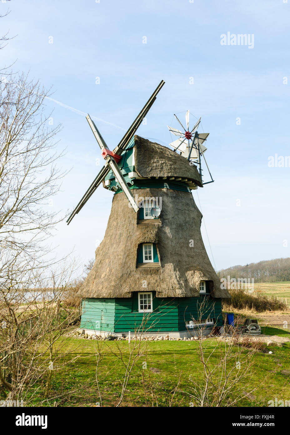 Thatched historic windmill Charlotte at the Geltinger Noor Stock Photo ...