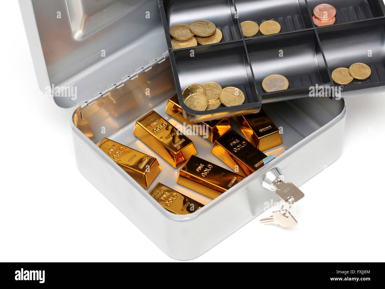 A money box filled with gold and coins Stock Photo - Alamy