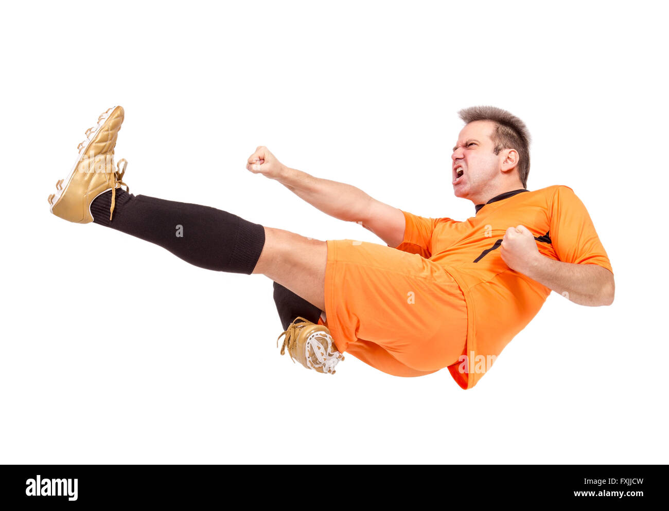 Soccer football player kicking isolated on a white background Stock ...