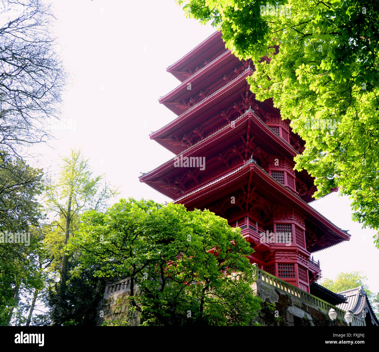 Ancient Chinese Architecture red building surrounded by trees on a ...