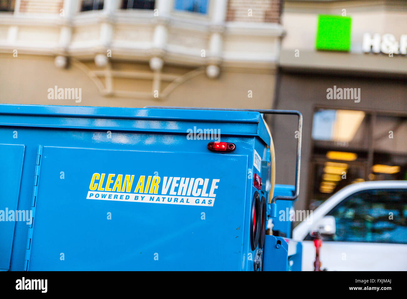 A Clean Air Vehicle sign on a PGE truck in San Francisco California ...