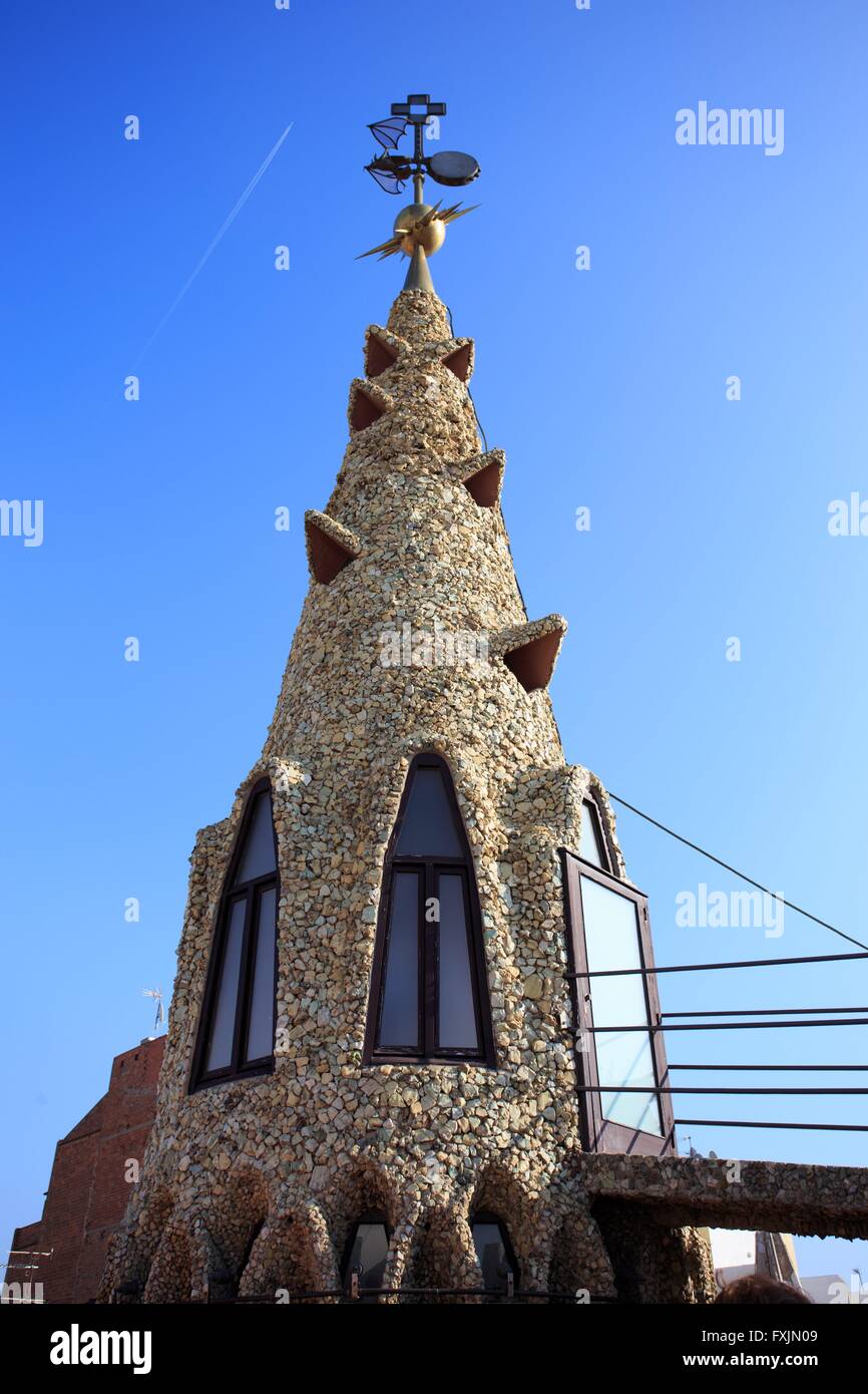 Unusually shaped chimneys on the roof of Palau Guell, Barcelona, Spain ...