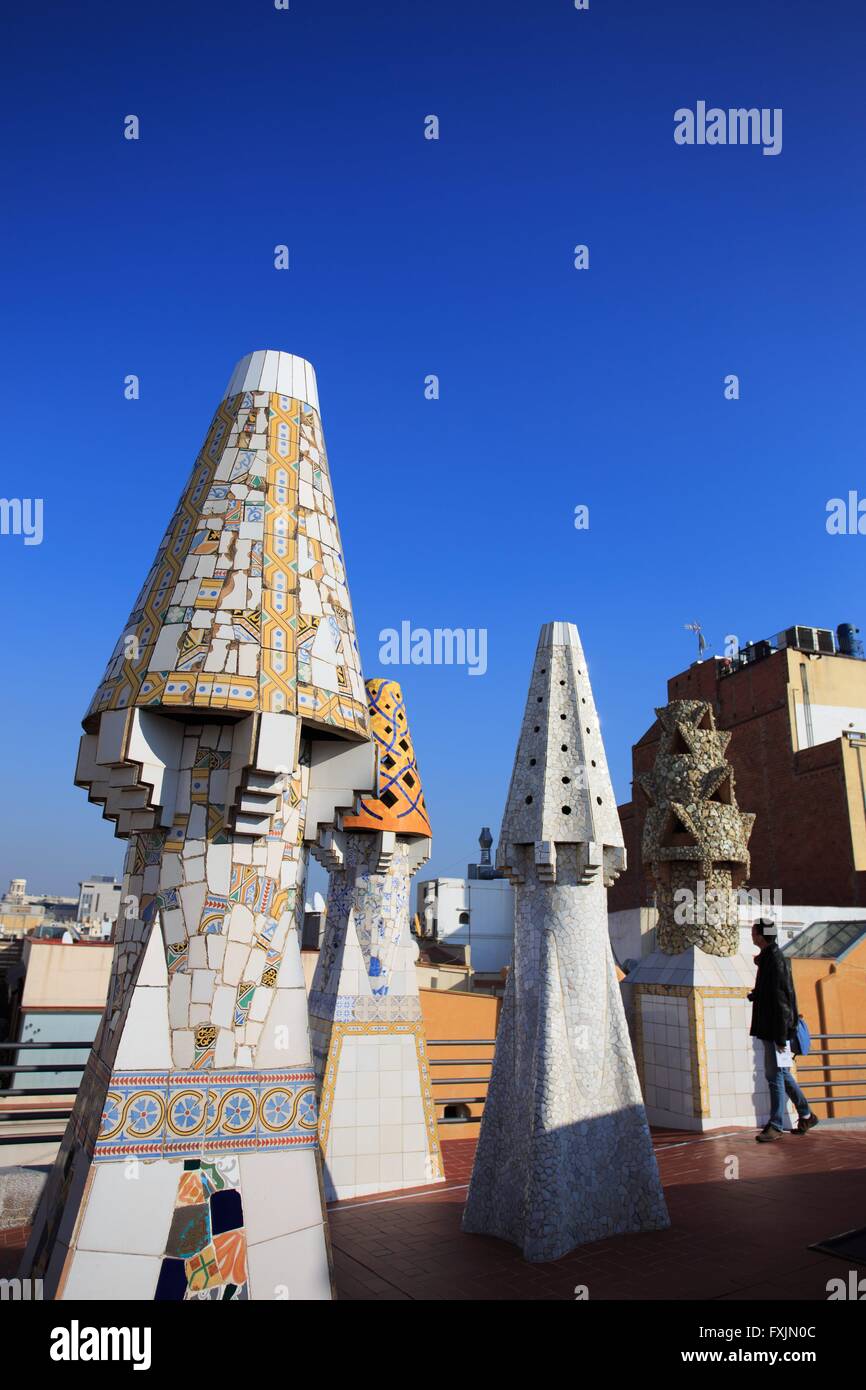 Unusually shaped chimneys on the roof of Palau Guell, Barcelona, Spain ...