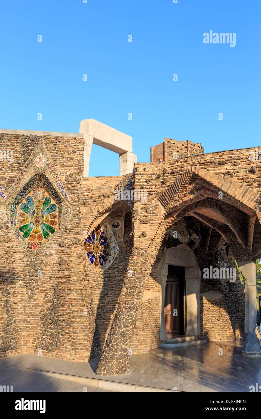 The distinctive facade of the Colonia Guell in Barcelona, Spain Stock ...