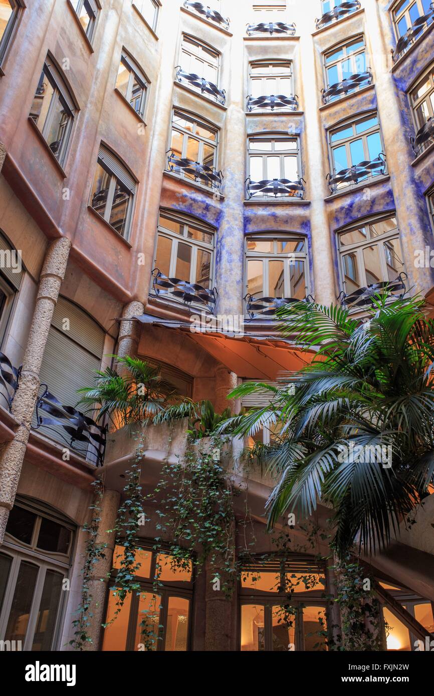 Looking up the internal courtyard of Casa Mila, Barcelona, Spain Stock ...