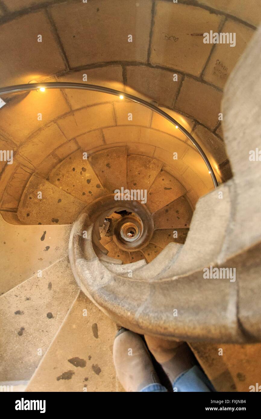 A steep staircase inside the Passion Tower of Sagrada Familia ...