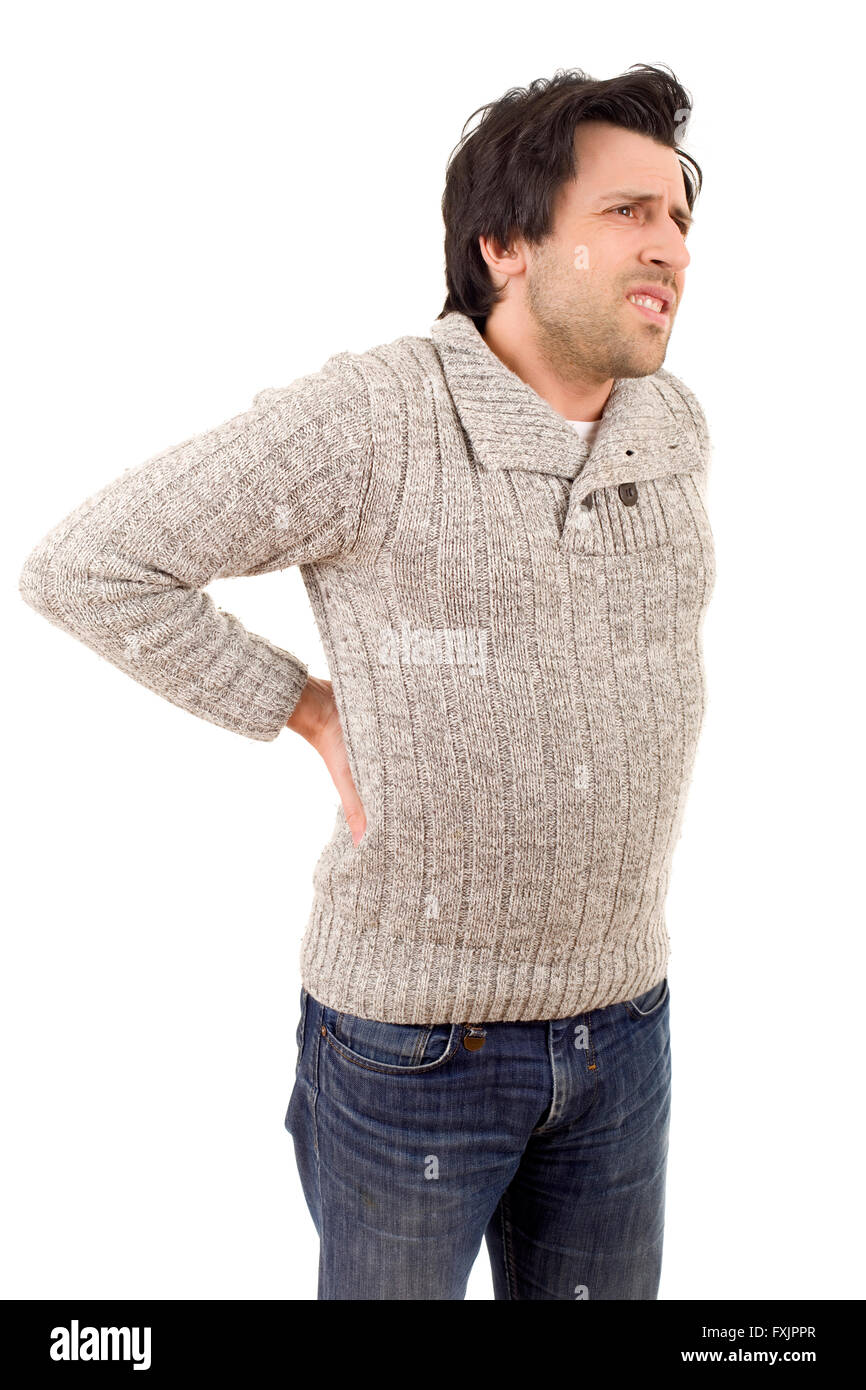 caucasian man portrait backache pain portrait on studio isolated white ...