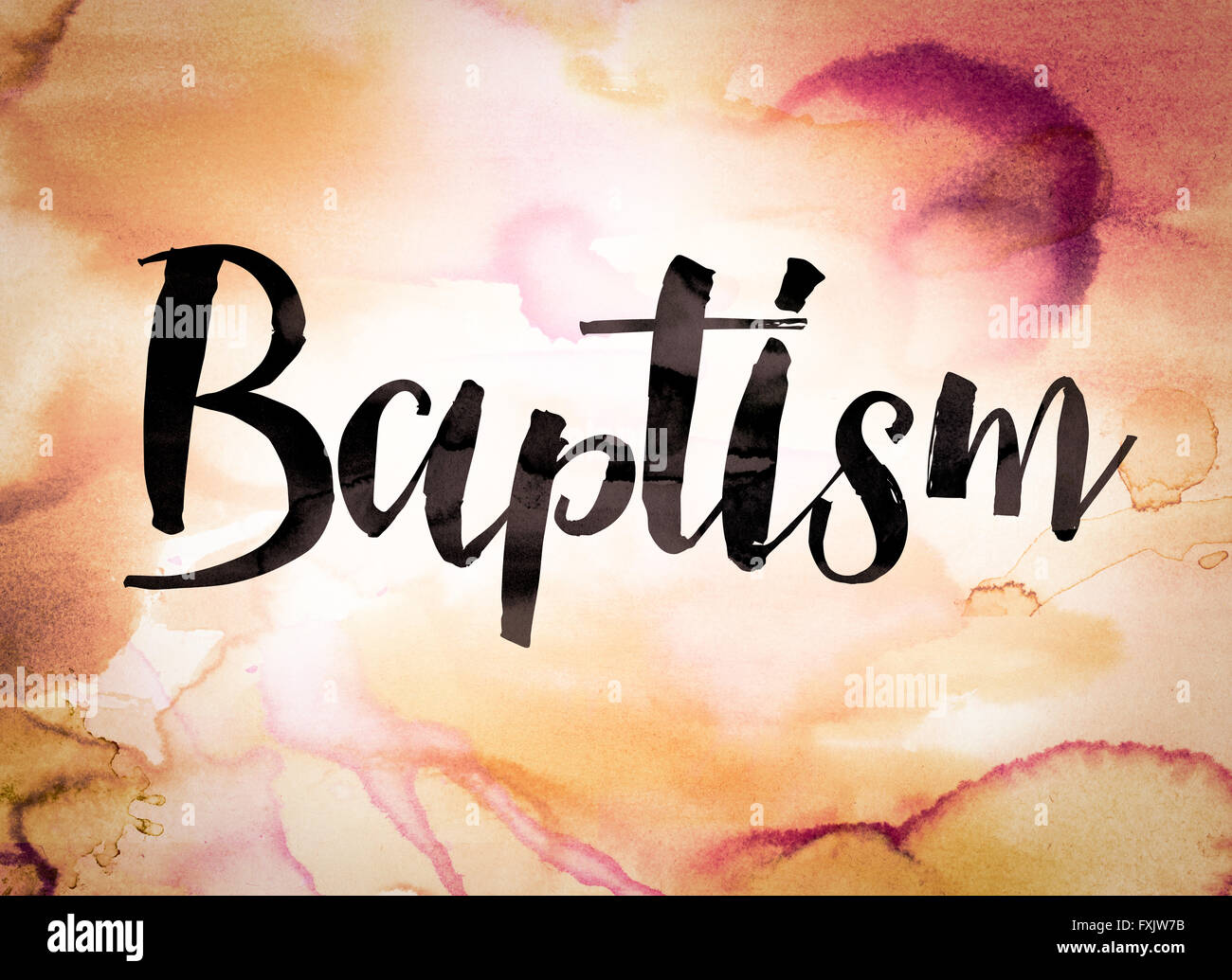 The word "Baptism" written in black paint on a colorful watercolor ...