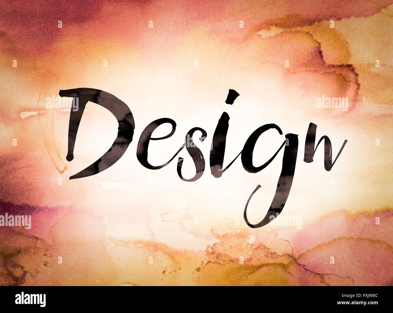 The word "Design" written in black paint on a colorful watercolor ...