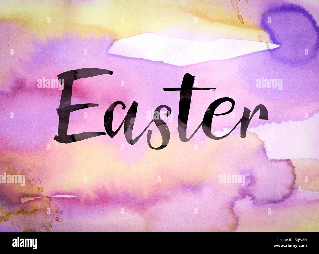 The word "Easter" written in black paint on a colorful watercolor ...