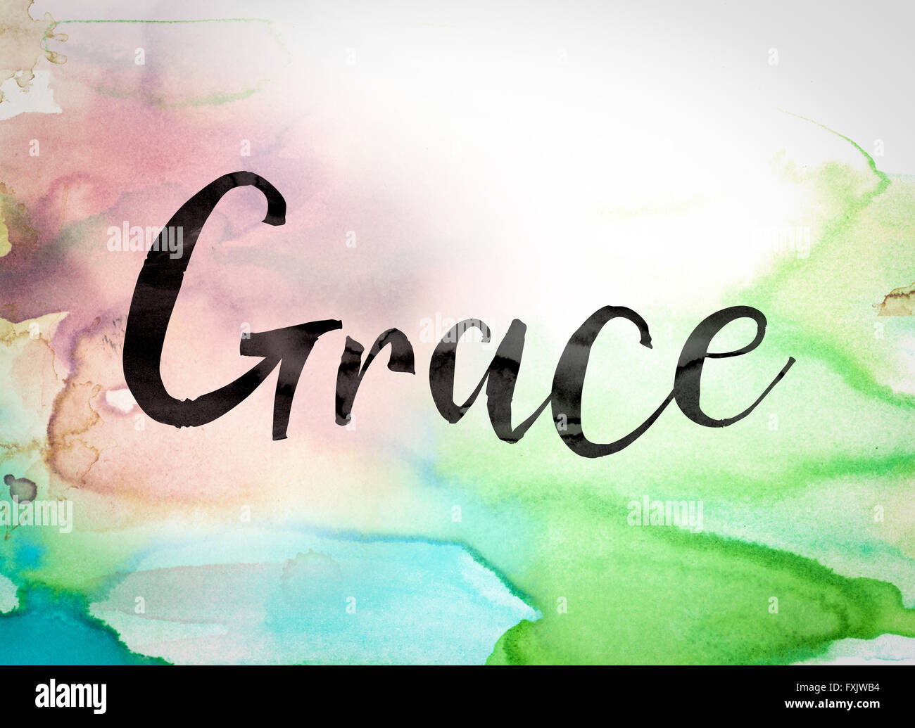 The word "Grace" written in black paint on a colorful watercolor washed ...