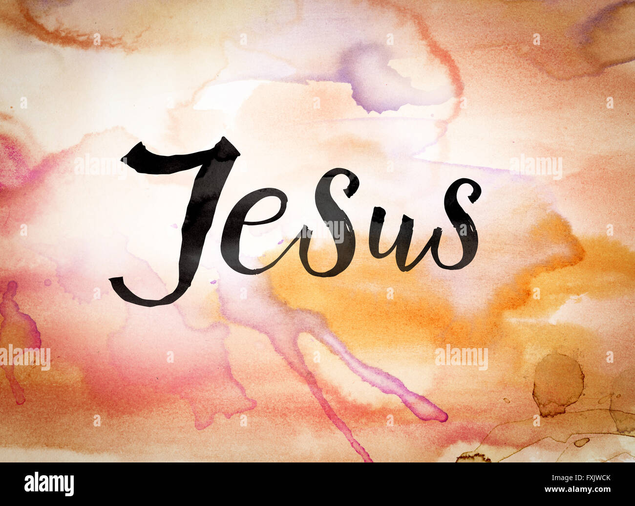 The word "Jesus" written in black paint on a colorful watercolor washed ...