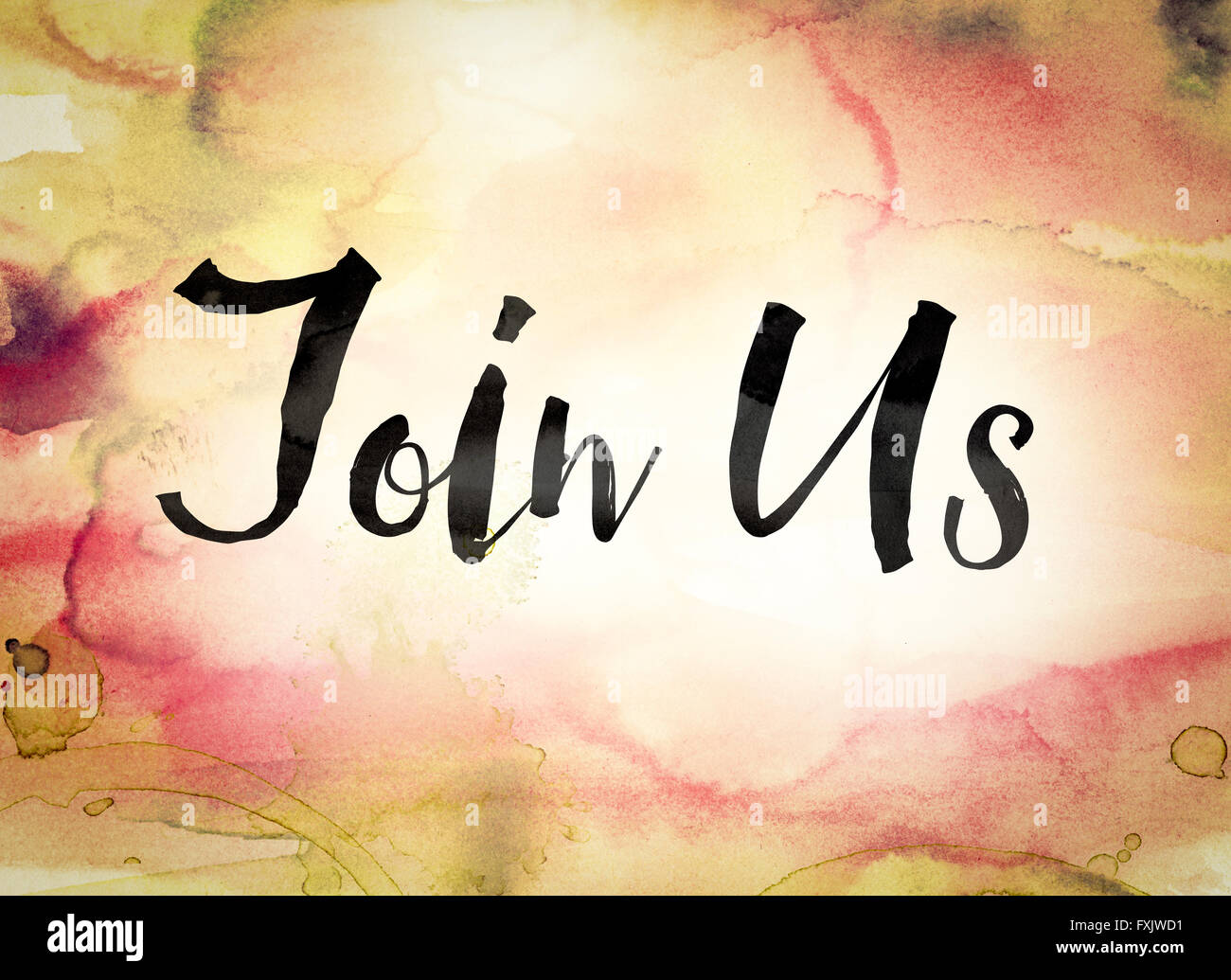 The word "Join Us" written in black paint on a colorful watercolor ...