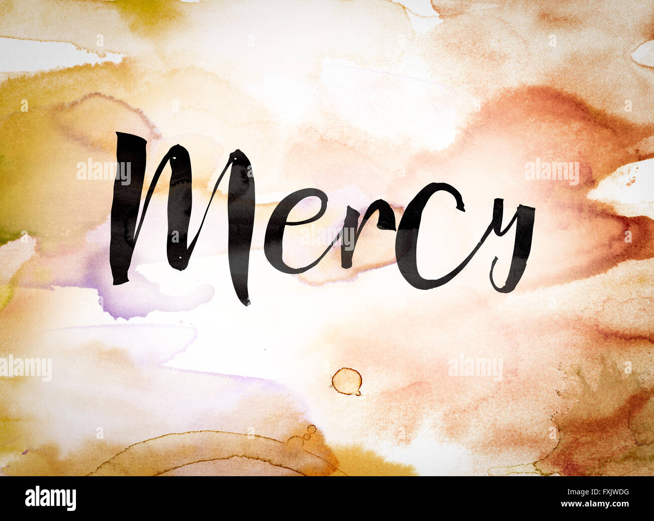 The word "Mercy" written in black paint on a colorful watercolor washed ...