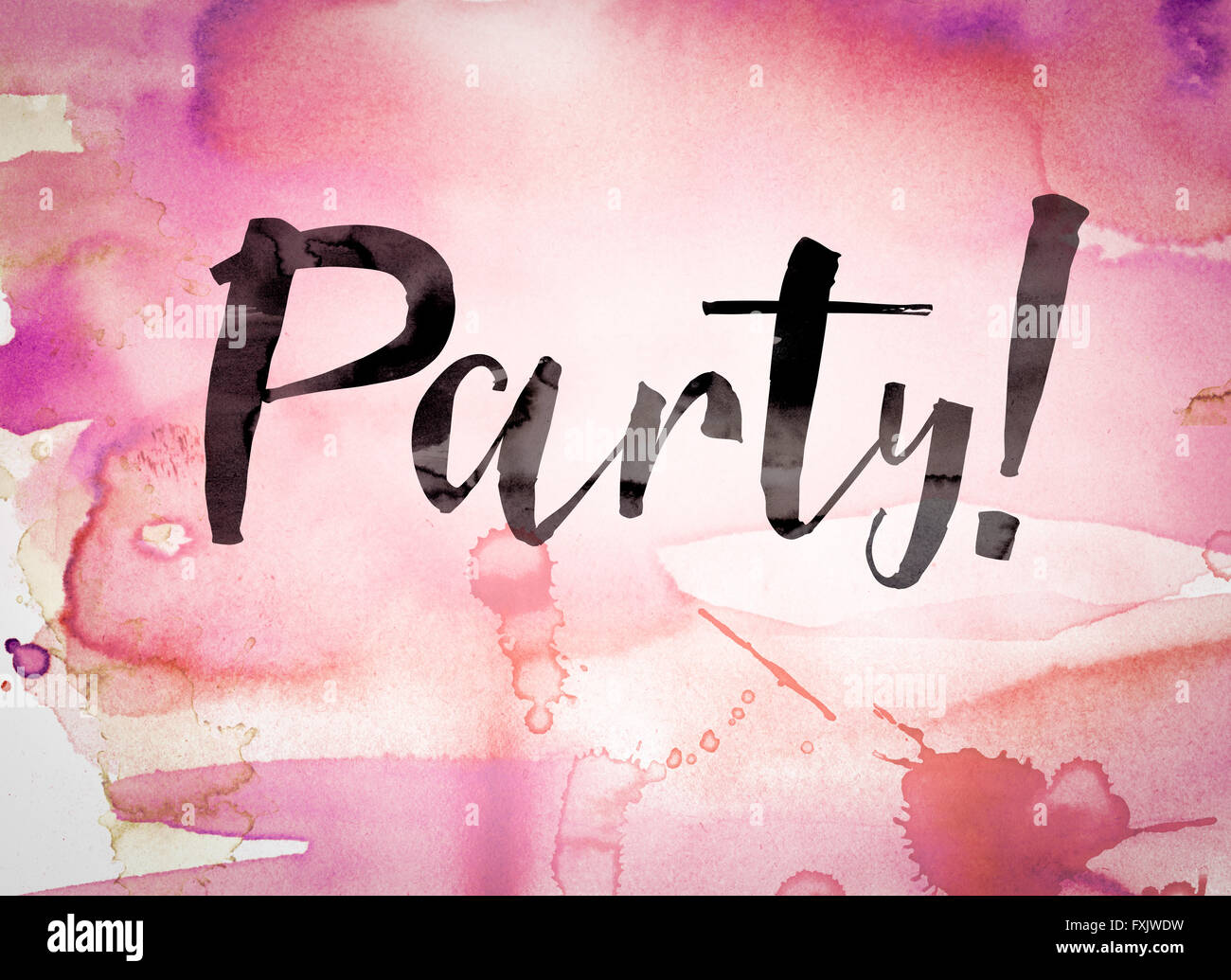The word "Party" written in black paint on a colorful watercolor washed ...