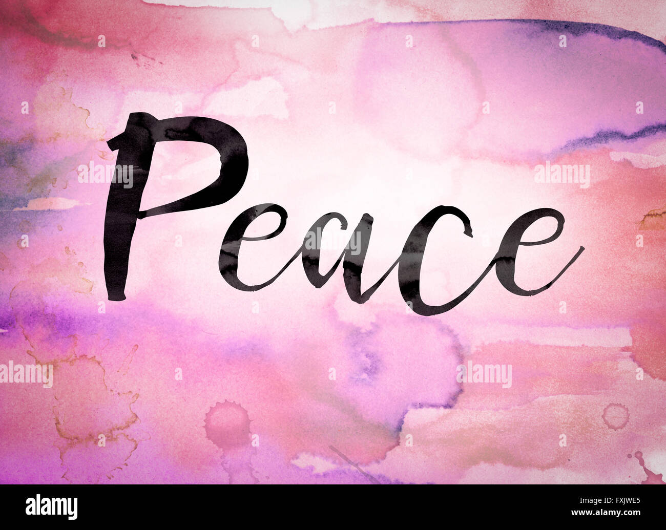 The word "Peace" written in black paint on a colorful watercolor washed ...