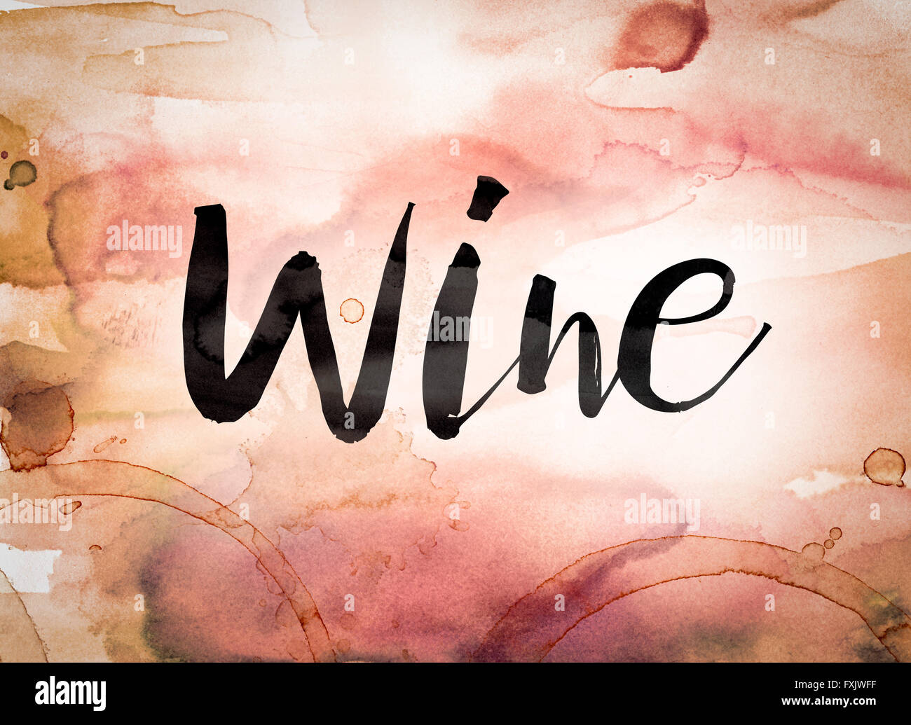 The word "Wine" written in black paint on a colorful watercolor washed ...