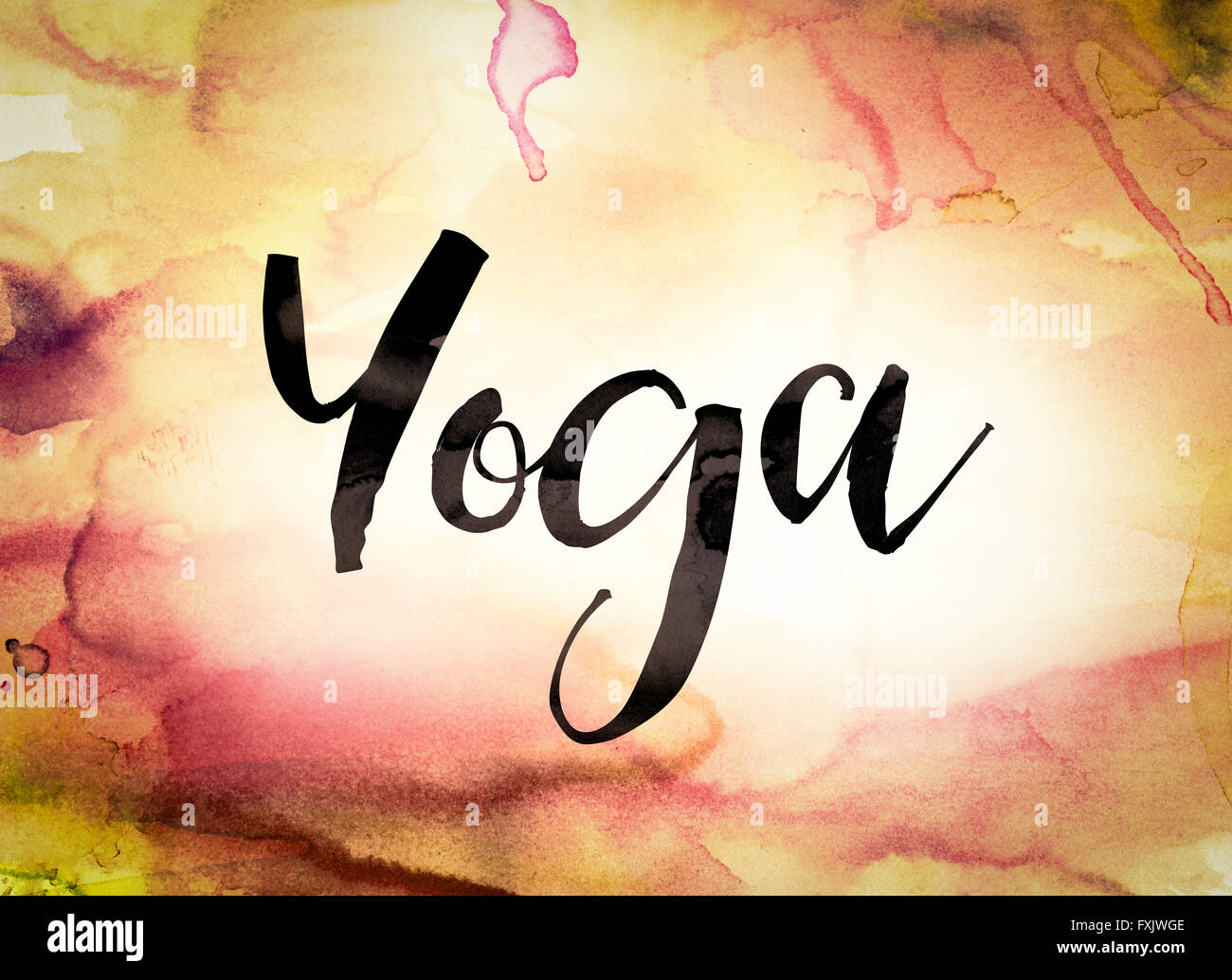 The word "Yoga" written in black paint on a colorful watercolor washed ...