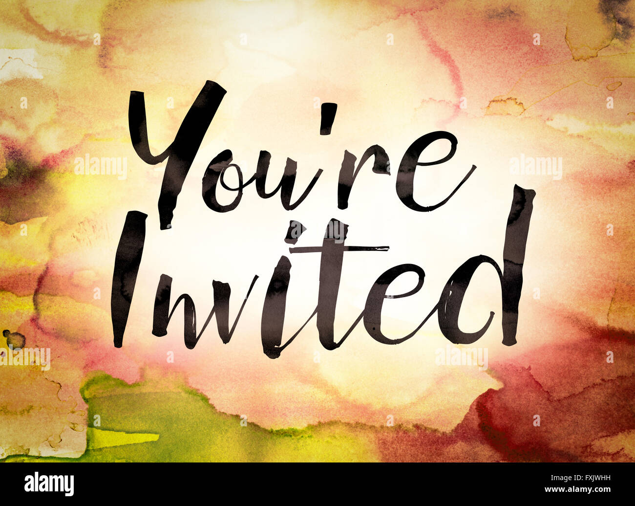 The word "You're Invited" written in black paint on a colorful ...