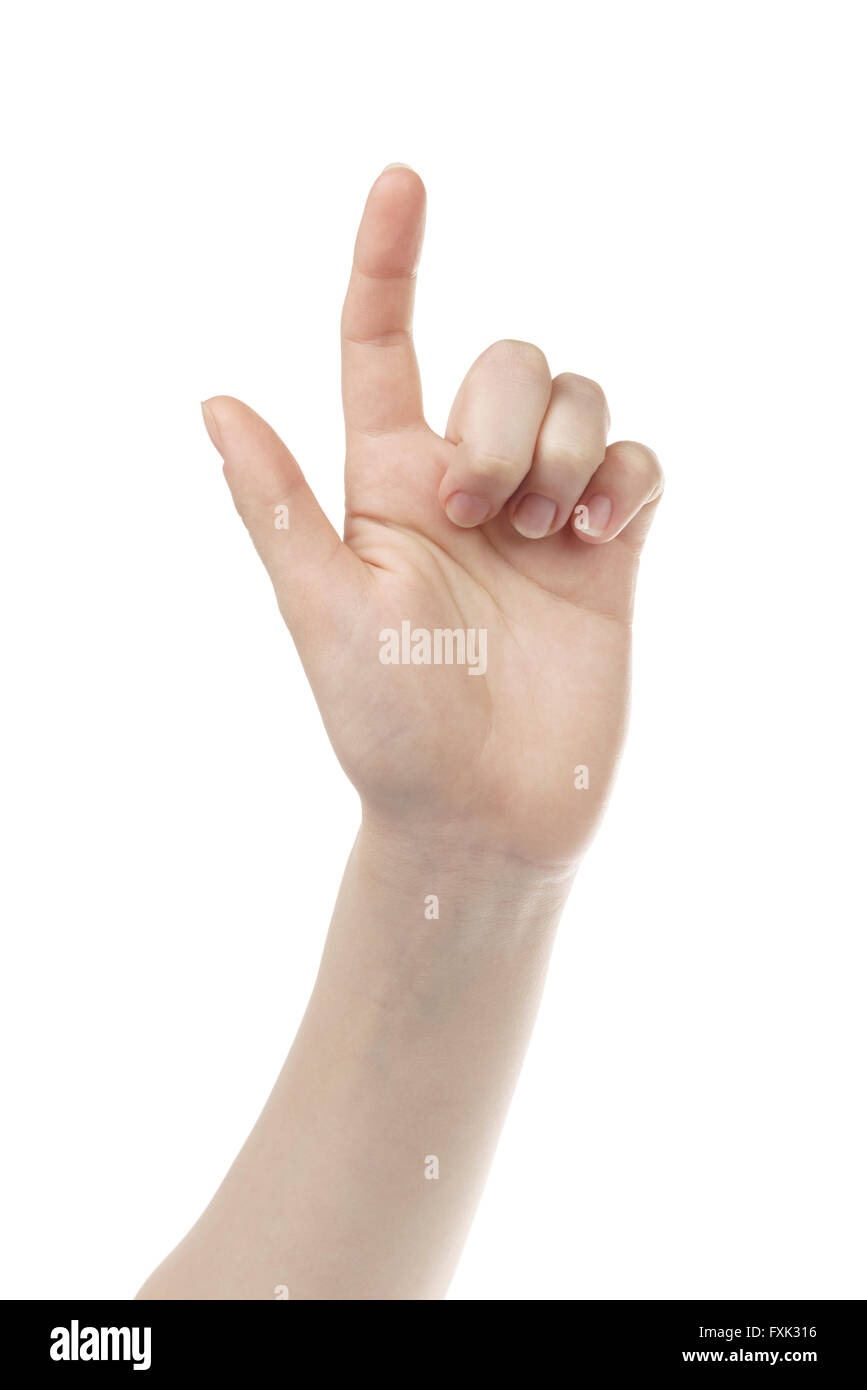 young woman hand touch screen gesture towards camera Stock Photo - Alamy