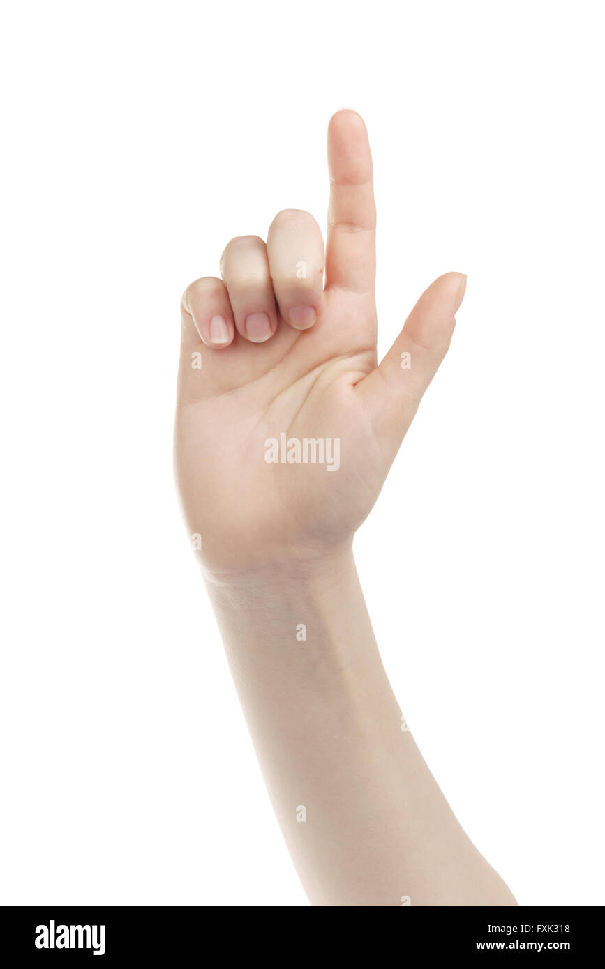 young woman hand touch screen gesture towards camera Stock Photo - Alamy