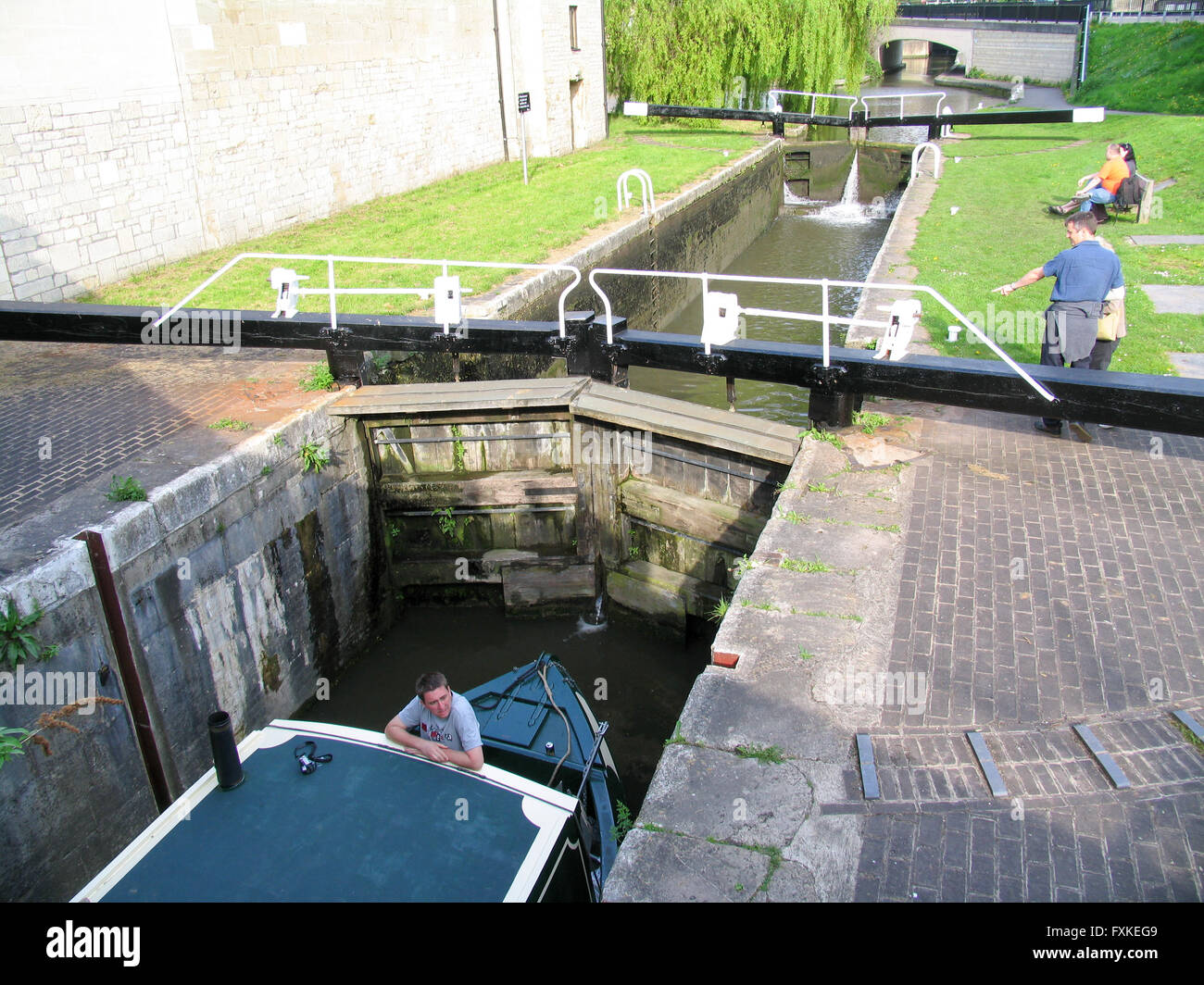 A barge in a lock Stock Photo - Alamy