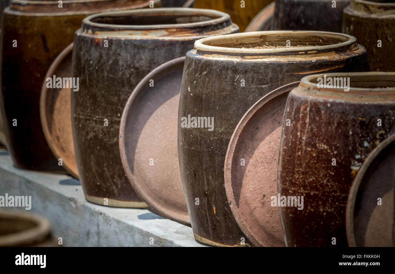 Huge brown stone vases traditionally ferment soybeans into soy sauce ...