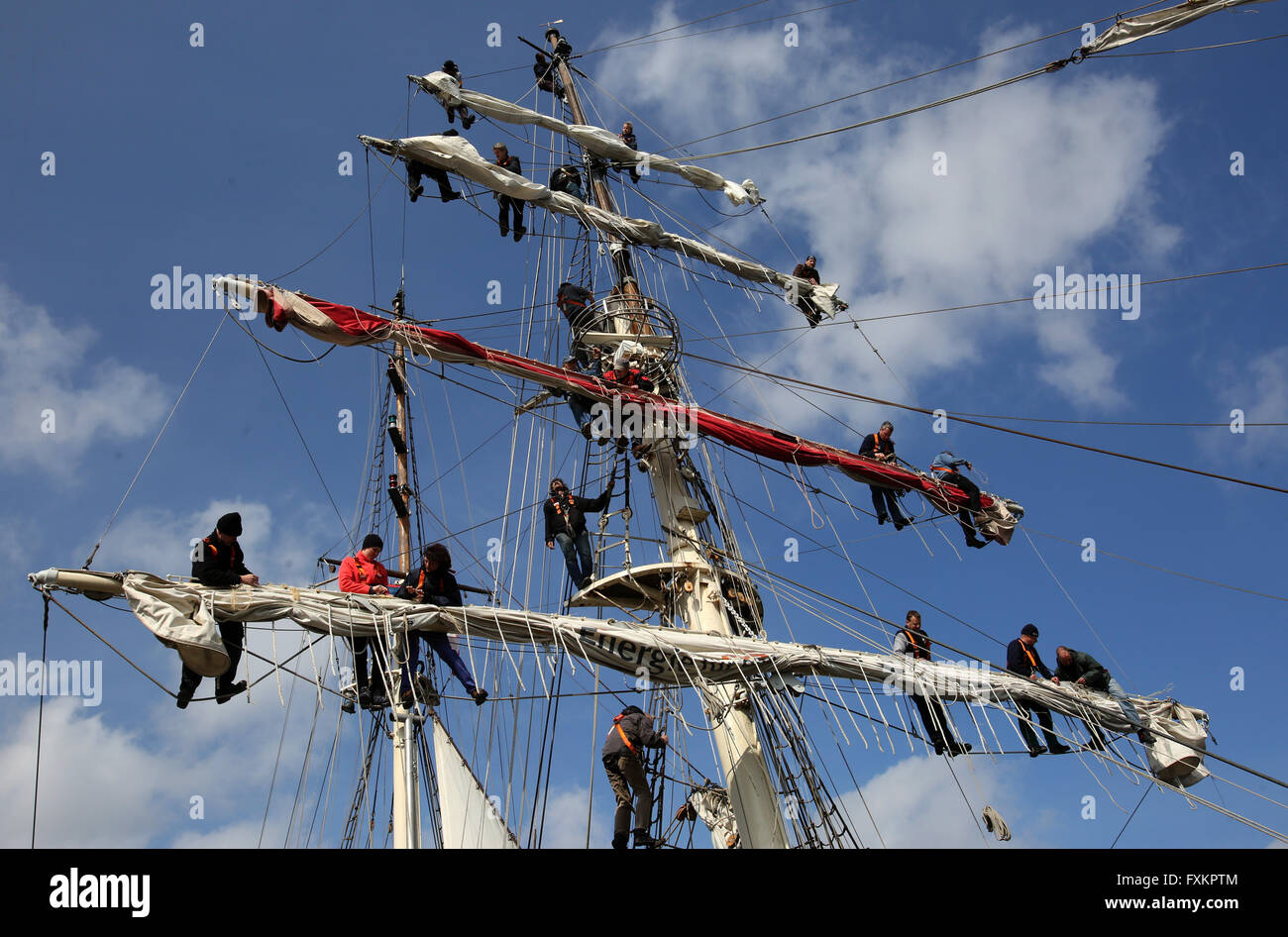 The sail training ship 'Greif' getting rigged at the city harbour of ...