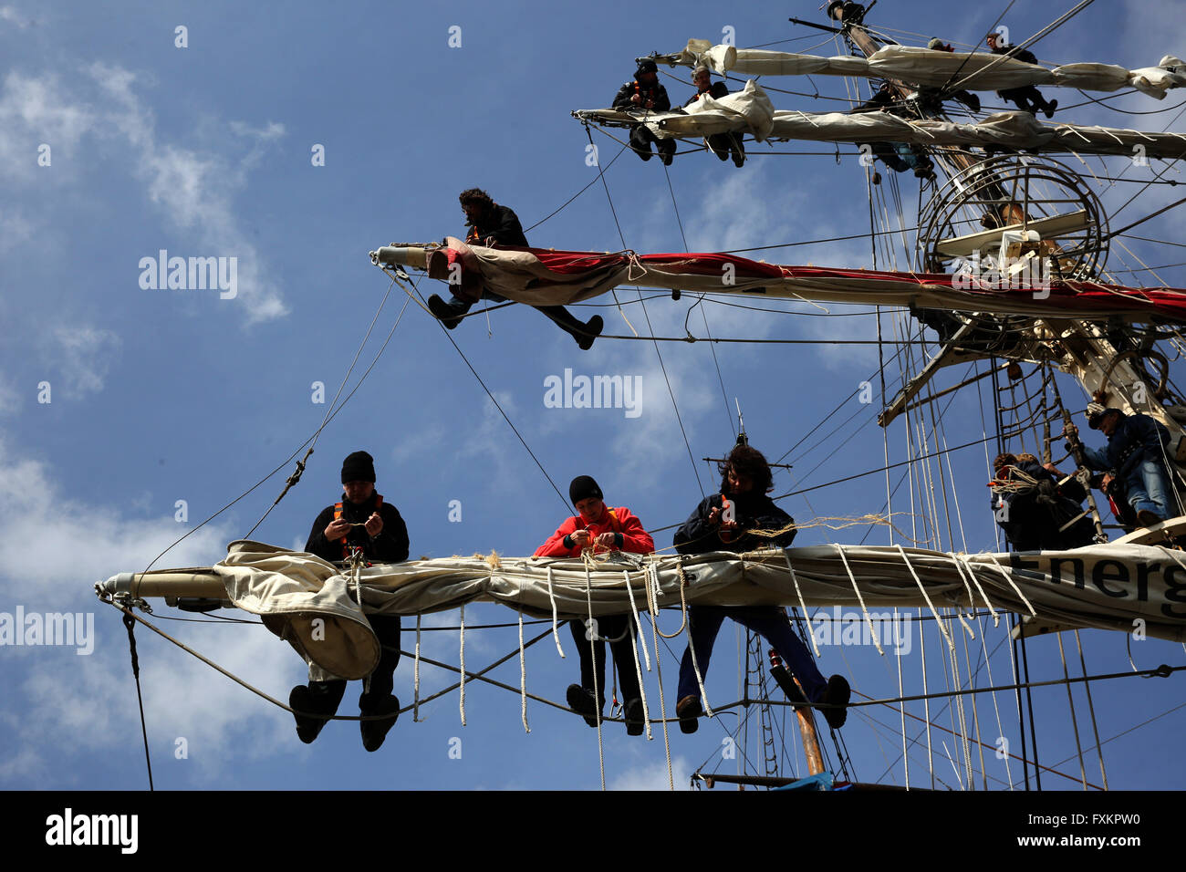 The sail training ship 'Greif' getting rigged at the city harbour of ...