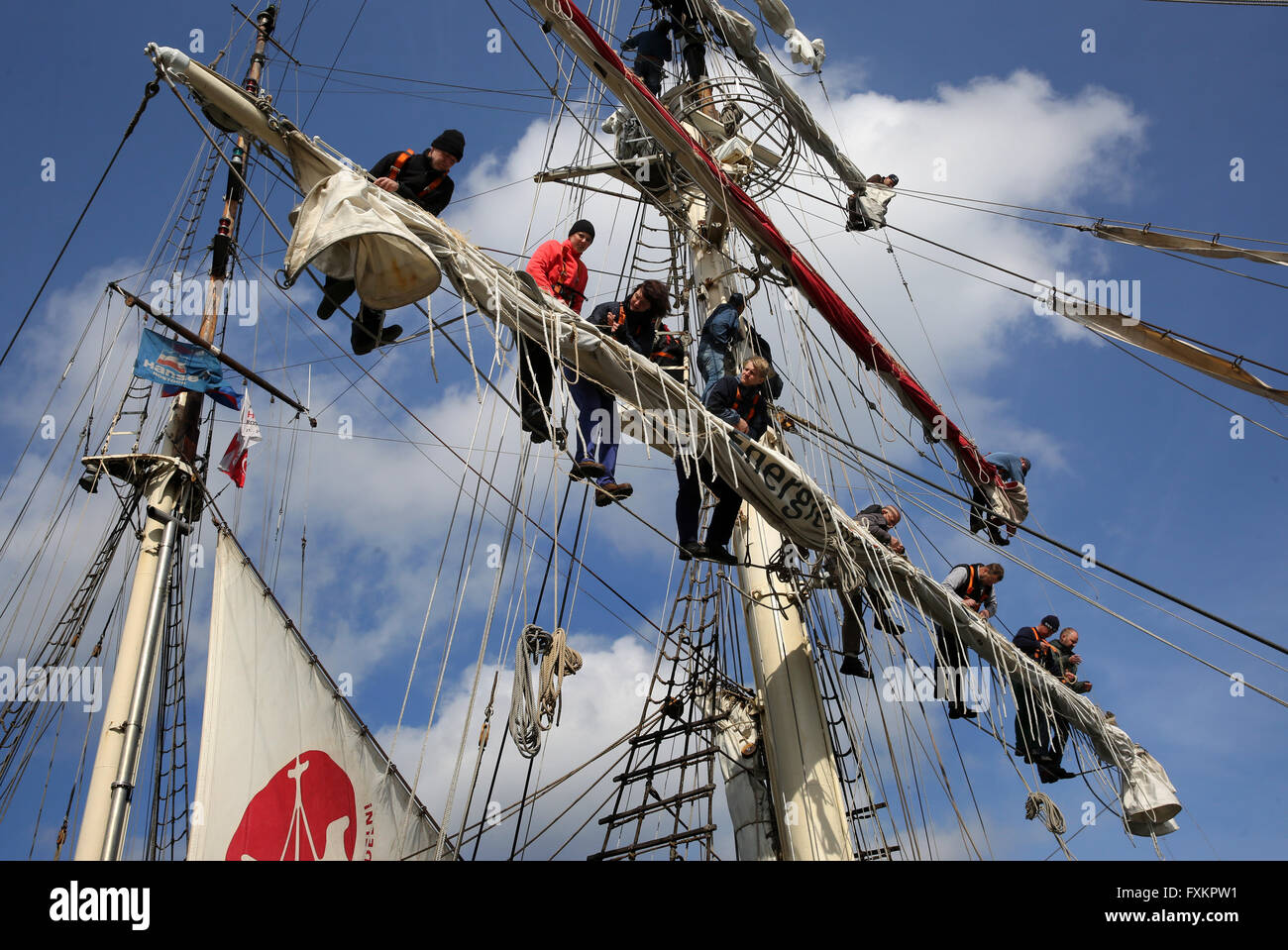 The sail training ship 'Greif' getting rigged at the city harbour of ...